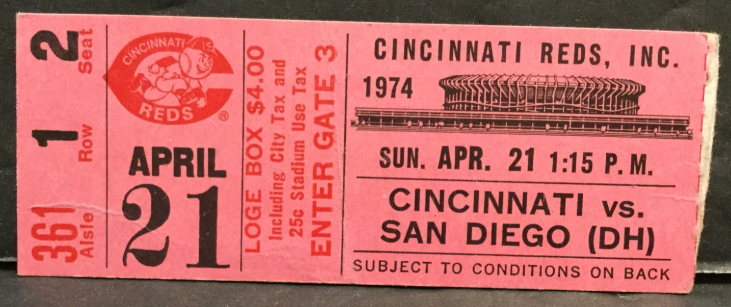 April 21, 1974 Cincinnati Reds Ticket Stub Vs San Diego Padres Sku644 ...