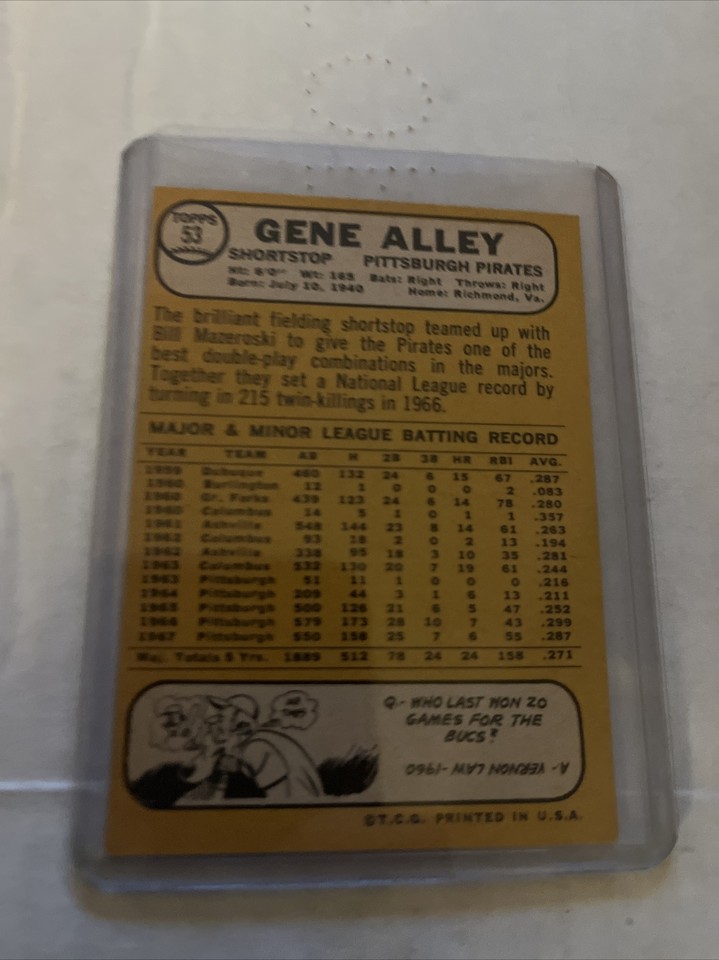 1968 Gene Alley Pittsburgh Pirates Topps Baseball Card #53 | eBay