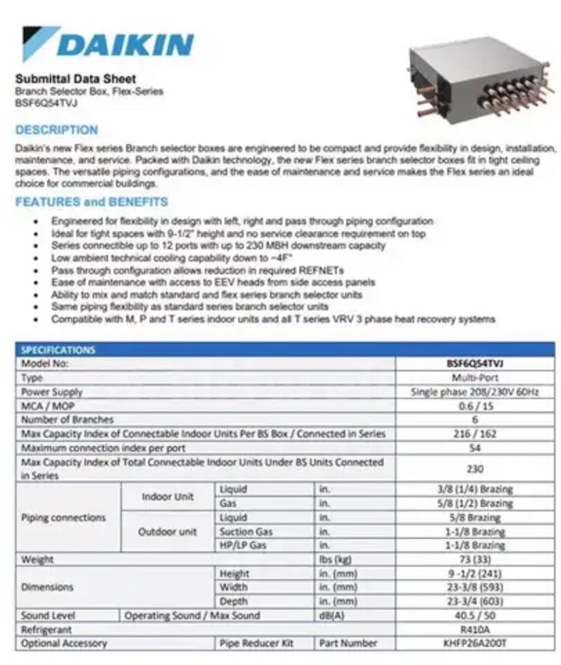 New Daikin BSF6Q54TVJ VRV MULTI PORT - FLex Branch Selector Box (6 ...