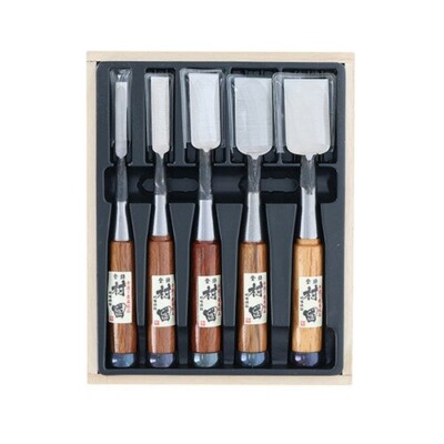 JAPANESE Nomi Red Oak Handle Beveled Edge Chisels set of 5 cased in a ...