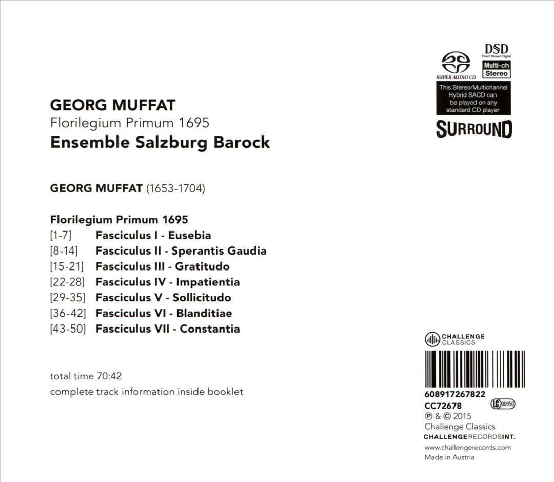 ENSEMBLE SALZBURG BAROCK GEORG MUFFAT: FLORILEGIUM PRIMUM 1695 NEW ...
