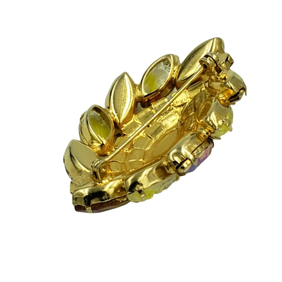 Vintage Yellow Rhinestone Brooch Pin Lava Stone AB Unsigned Mid Century ...