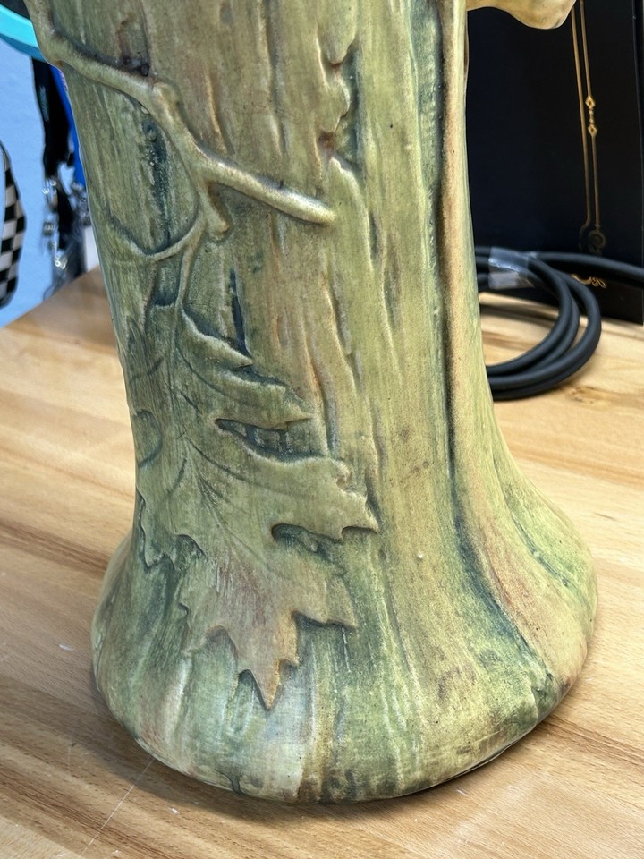 MINT 18 " ANTIQUE WELLER WOODCRAFT ART POTTERY OWL SQUIRREL TREE ...