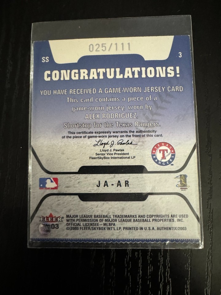 2003 Fleer Authentix - Jersey Authentix Ripped #JA-AR Alex Rodriguez ...