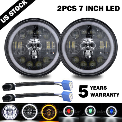 7inch For Hummer H1 H2 H3 SUV Skull Round Projector LED Headlights Halo ...