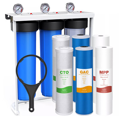 4.5"x20" Big Blue Whole House 3 Stage Well Water Filter System + 2 Year ...