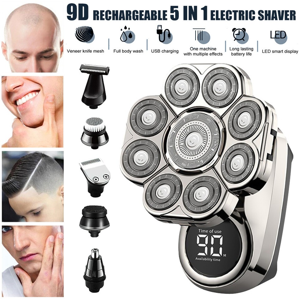 9D Detachable Head Shavers 5-in-1 Electric Razor for Bald Men Wet/Dry ...