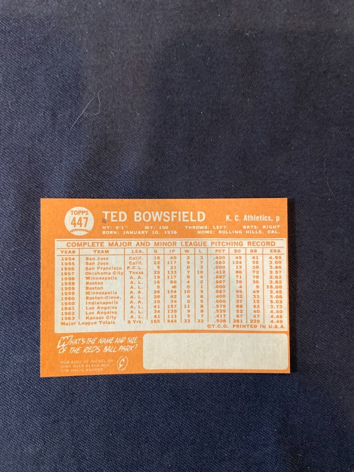 1964 Topps from Vending break Pack Fresh Est NM or better #447 Ted ...