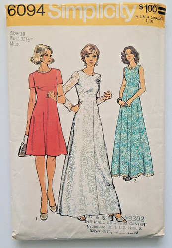 VTG 70s Simplicity Sew Pattern 6094 Misses Formal Dress Two Lengths ...