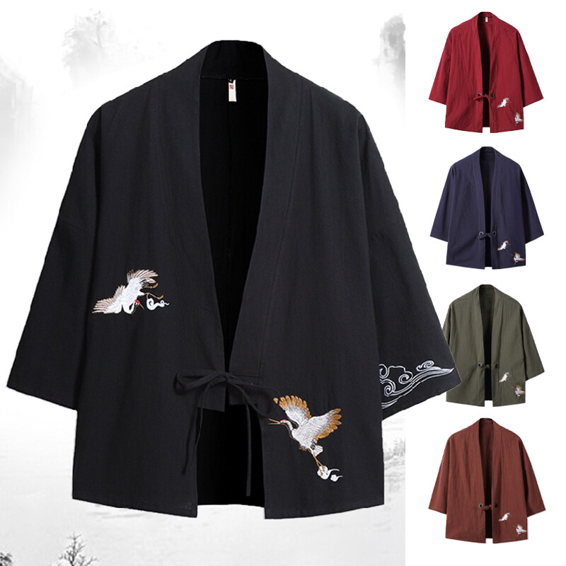 Japanese Men Samurai Costume Embroidery Yukata Clothes Cardigan Jacket ...