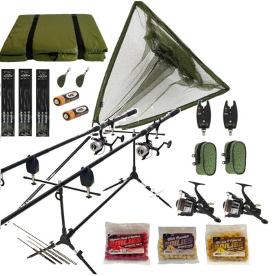 Full Carp Fishing Set Up Rods Reels Bite Alarms Net Mat 3 Packs Bait ...