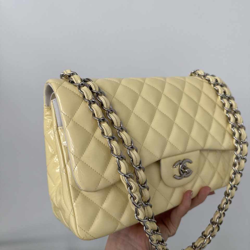 Chanel Classic Jumbo Double Flap Bag Yellow Patent Leather with Silver ...