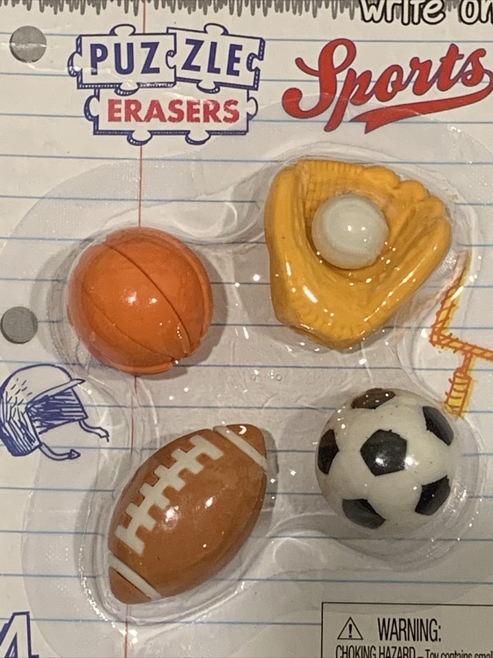 Sports 4 Piece Puzzle Eraser Set Baseball, Basketball, Soccer, Football ...