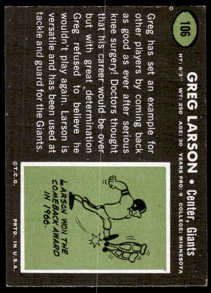 1969 Topps Greg Larson New York Giants #106 | | eBay