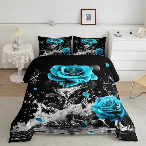 Blue Rose Bedding Set for Boys Girls Romantic Floral Blossom Comforter ...