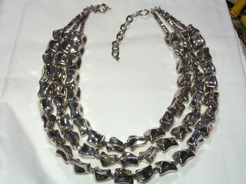 ...CHICO'S...Silver Tone 3-Strand Unusual Odd Shape Beads Necklace ...