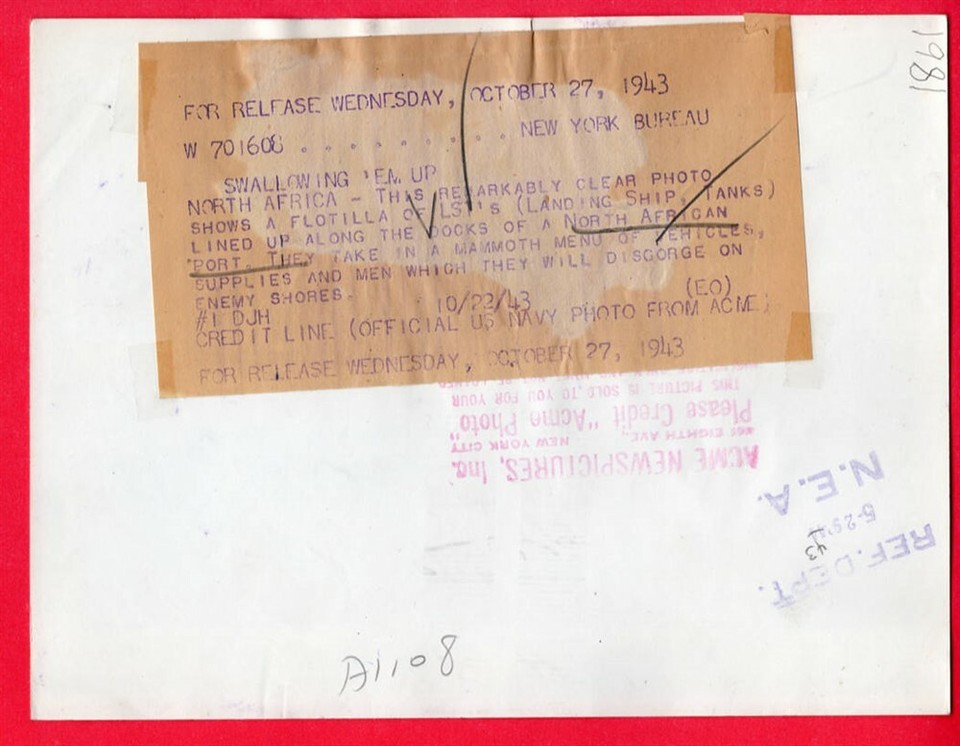 1943 LST-306 LST-34 Docked at Harbor North Africa 7x9 Original News ...