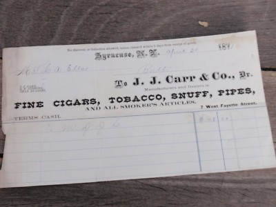 ANTIQUE TOBACCO SMOKING STORE RECEIPT INVOICE 1871 J.J. CARR AND CO ...