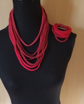 UNIKAT! Halskette Textil Kette Stoffkette & Armband Rot Bordeaux 50 ...