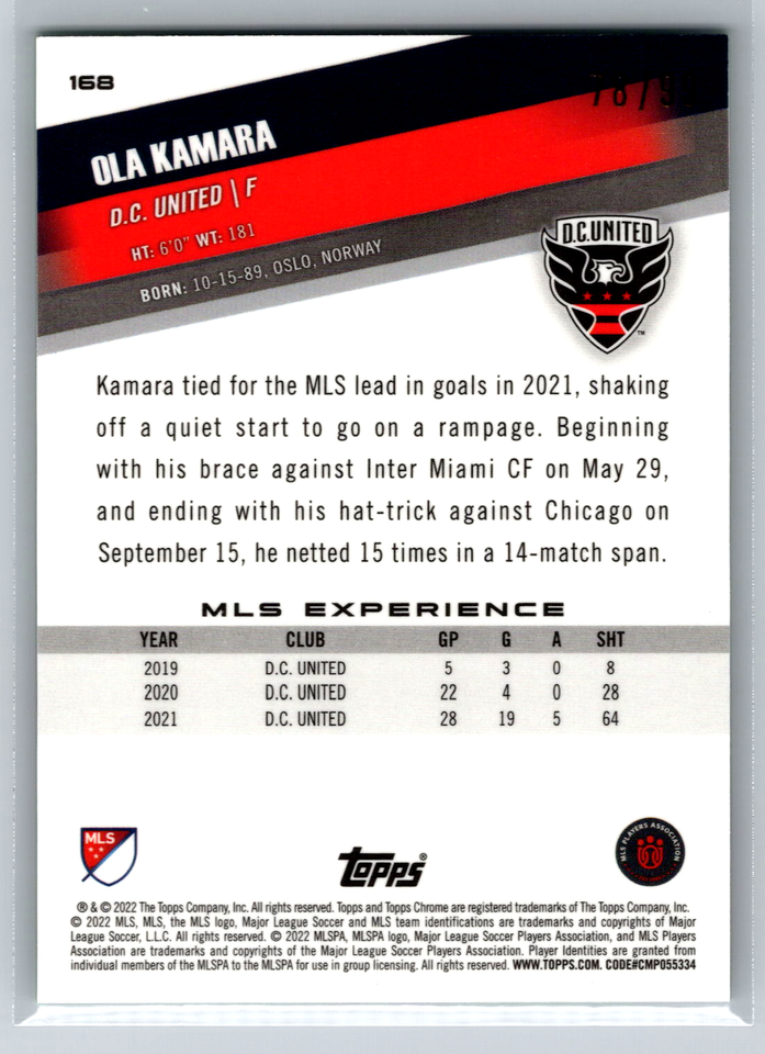 Ola Kamara 2022 Topps Chrome MLS Neon Green Lava 78/99 #158 DC United ...