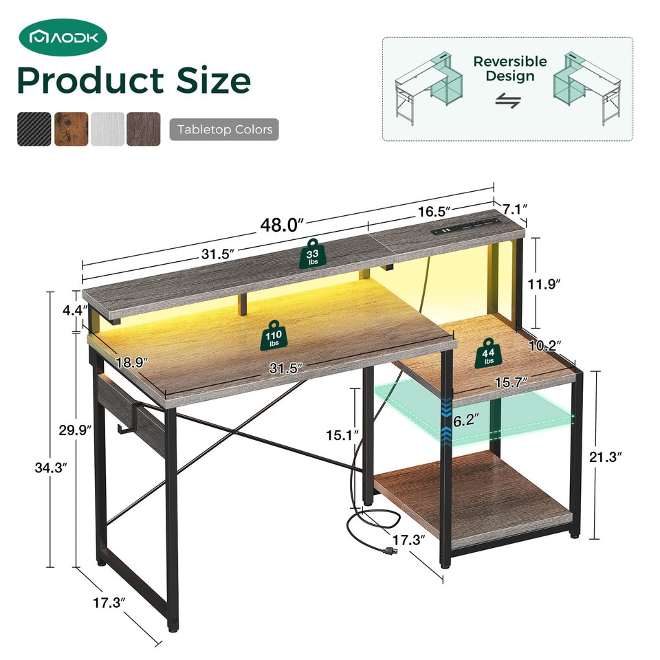 Computer Desk, 48 Inch Gaming Desk with Led Lights & Power Outlet ...