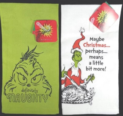 2ct Set The GRINCH Dish Towels Kitchen 'Naughty' & Christmas More Fun ...