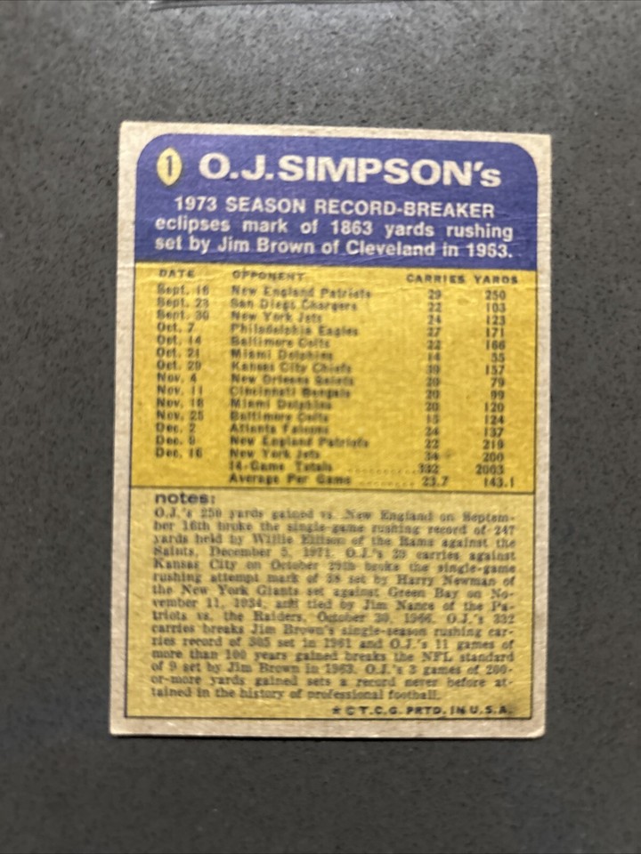 Price Drop - 1974 Topps OJ Simpson 1 Vg (bend Top Half) HOF Bills ...