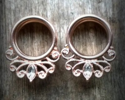 💋NEW Stainless Steel 0g Flesh Ear Tunnels Gauges Plugs Rose Gold CZ ...