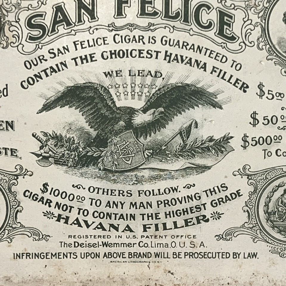 Vintage 1800s Wooden Cigar Box San Felice Lima Ohio Eagle Theme | eBay