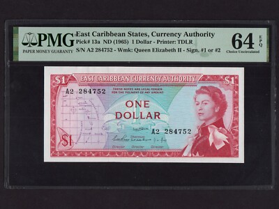 East Caribbean States:P-13a, 1$, 1965 * QEII * Sign 1 * PMG Ch. UNC 64 ...