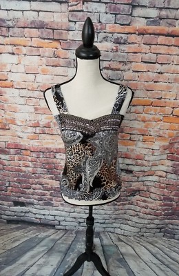 Cache Sleeveless Black Brown Animal Print Chain Sequin SILK Cami Tank ...