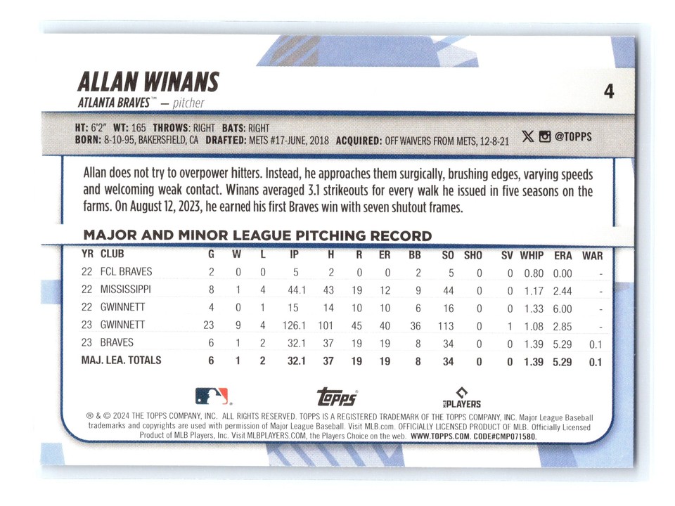 2024 Topps Big League Baseball #4 Allan Winans Rookie RC Atlanta Braves ...