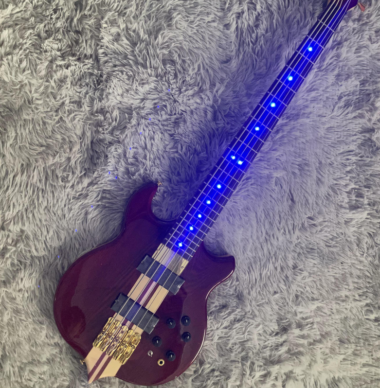 Custom 5-string Electric Bass Guitar Brown Neck Thru Body Blue Light ...