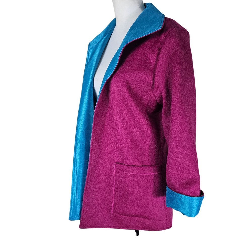 Grace Chuang Wool Contrast Collar Jacket S Pink Turquoise Open Front ...