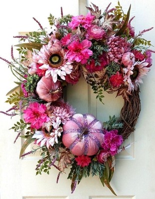 Fall Wreath Pink Autumn Wreath Elegant Sunflower Velvet Pumpkin Door ...