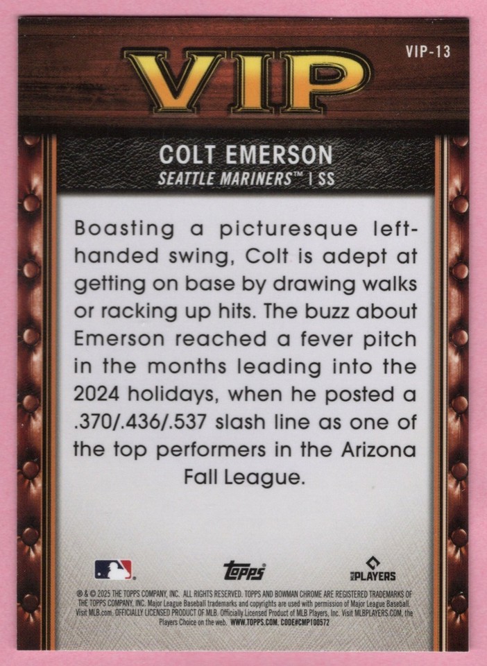 2025 BOWMAN VERY IMPORTANT PROSPECTS MLB CARD - VIP-13 Colt EMERSON ...