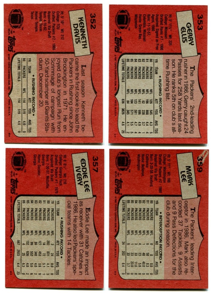 Lot Of (4) 1987 Topps Football Cards - Green Bay Packers | eBay