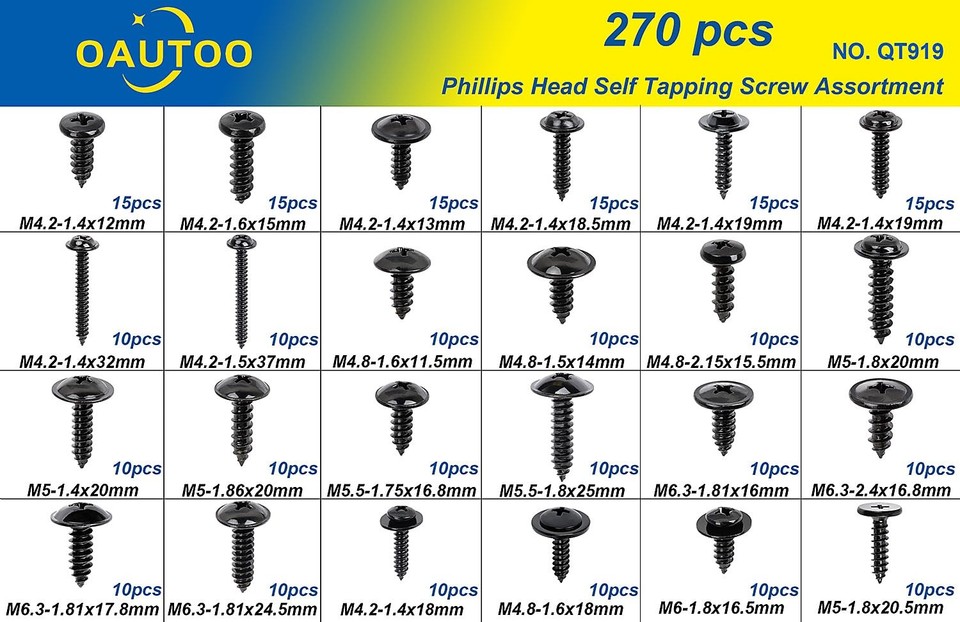 270pcs Automotive Body Screw Phillips Head Self Tapping Screw Washer ...