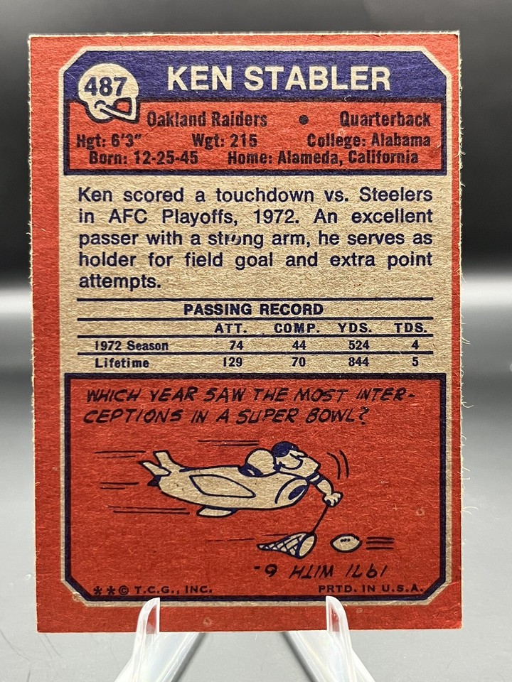 1973 Topps Football #487 Ken Stabler Rookie RC Raiders | eBay