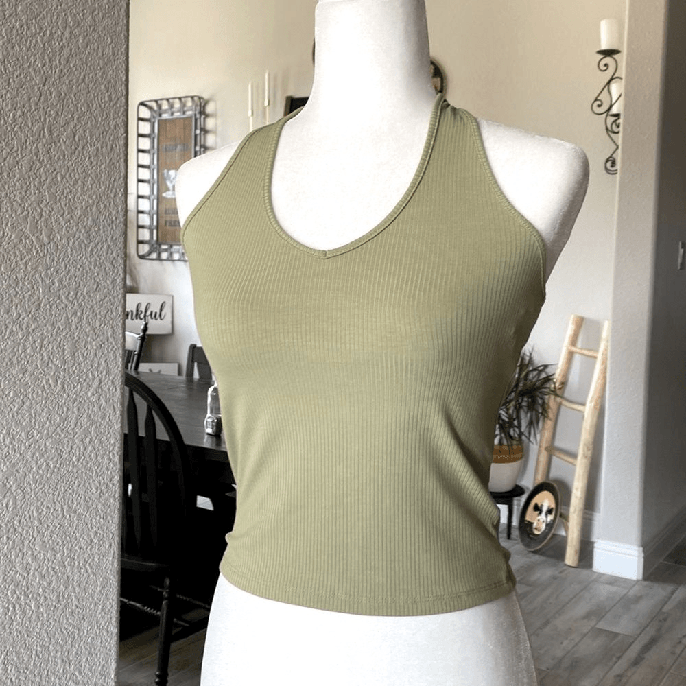 American Eagle Olive Green Halter Top Ribbed V Neck S Stretchable NWOT ...