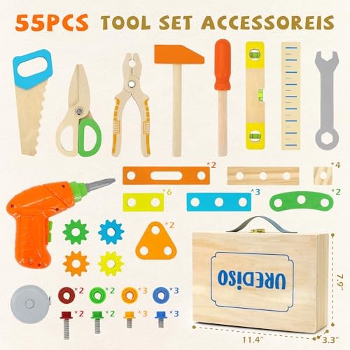 Kids Tool Set with Electric Drill, 55 Pcs Toddler Tool Set Incl Tool ...