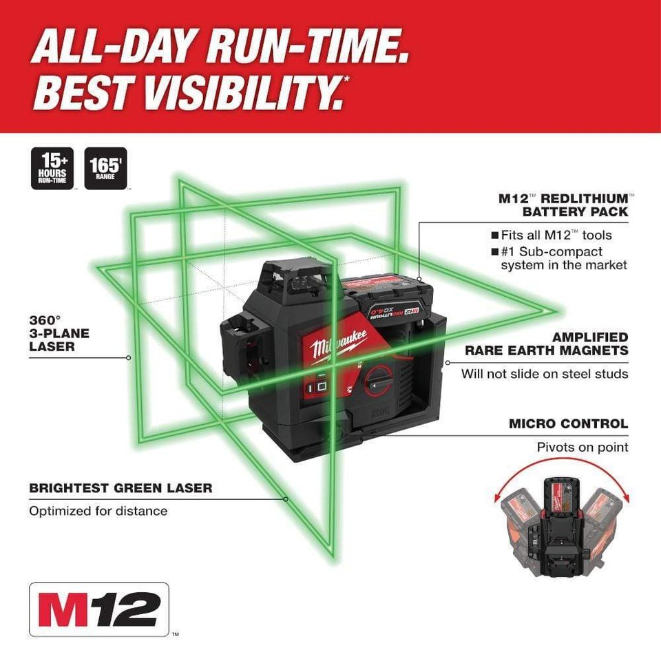 Milwaukee Green 3-Plane Laser Level Kit 12V w/Track Clip, Tripod, 165 ...