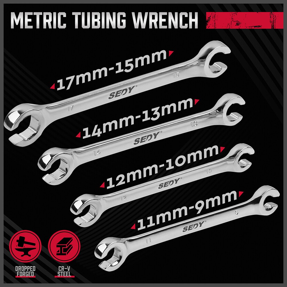 4PC Flare Nut Wrench Open-Ended Brake Pipe Spanner Set 9,10,11,12,13,14 ...