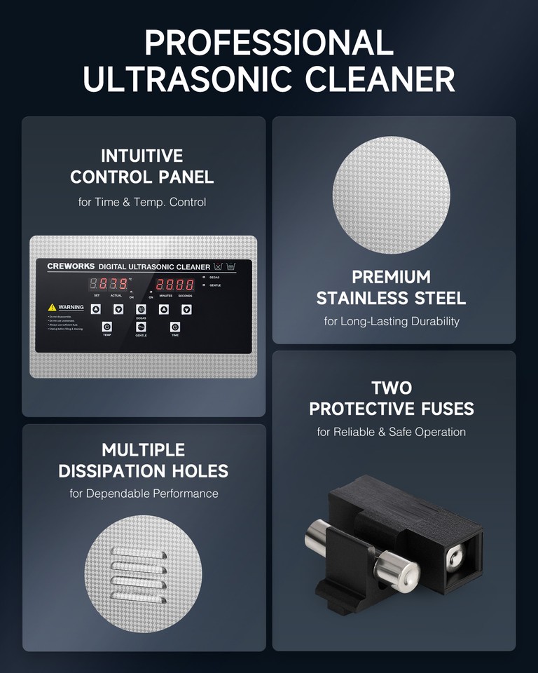 CREWORKS 0.8/1.3/2/3/6/10/15/30L Ultrasonic Cleaner Timer Heater Degas Gentle | eBay UK