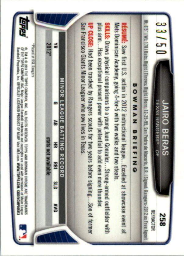 2013 Bowman Chrome Mini Gold Refractors #258 Jairo Beras/50 - NM-MT | eBay