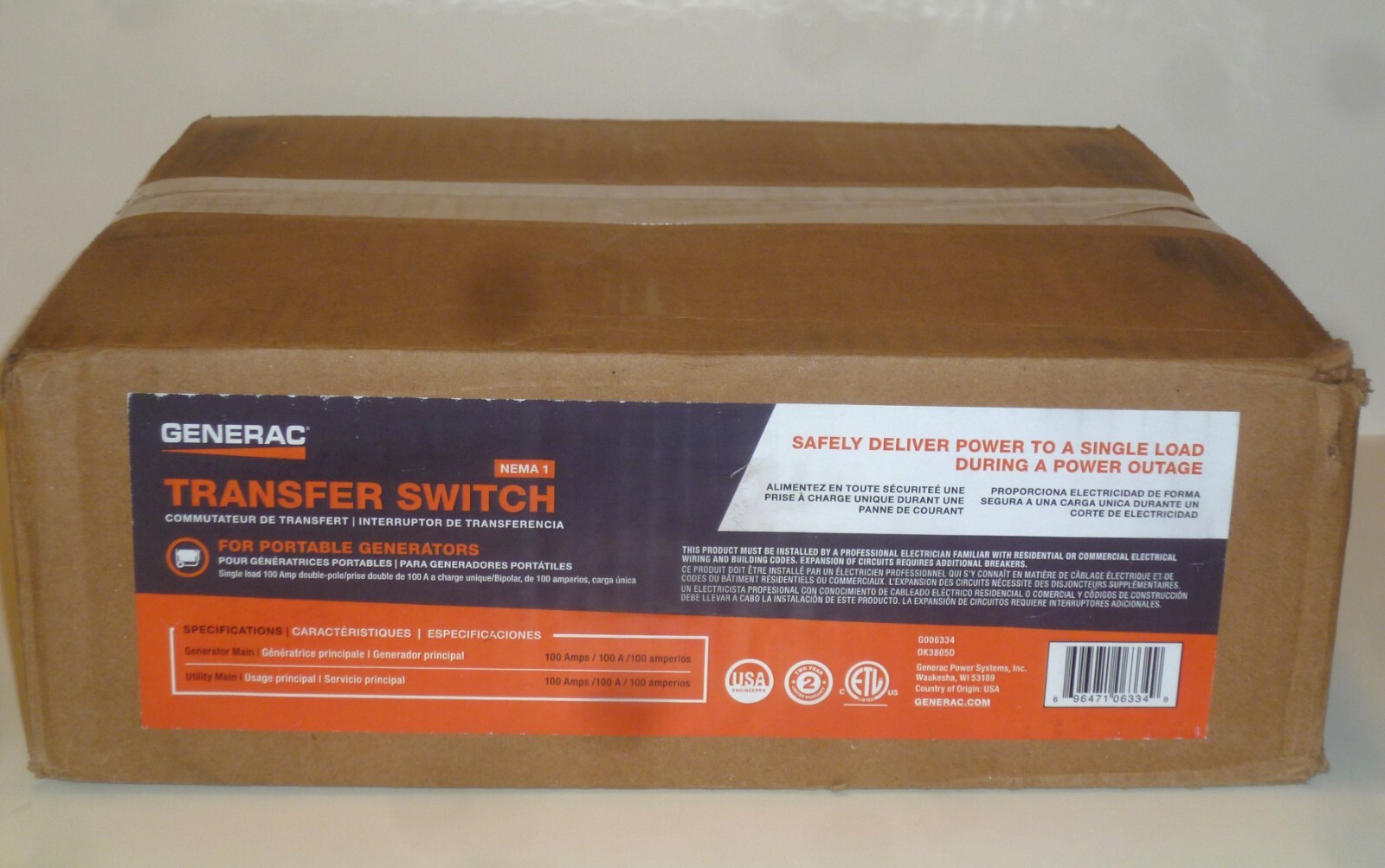 Generac 100-Amp Single Load Manual Transfer Switch For Portable ...