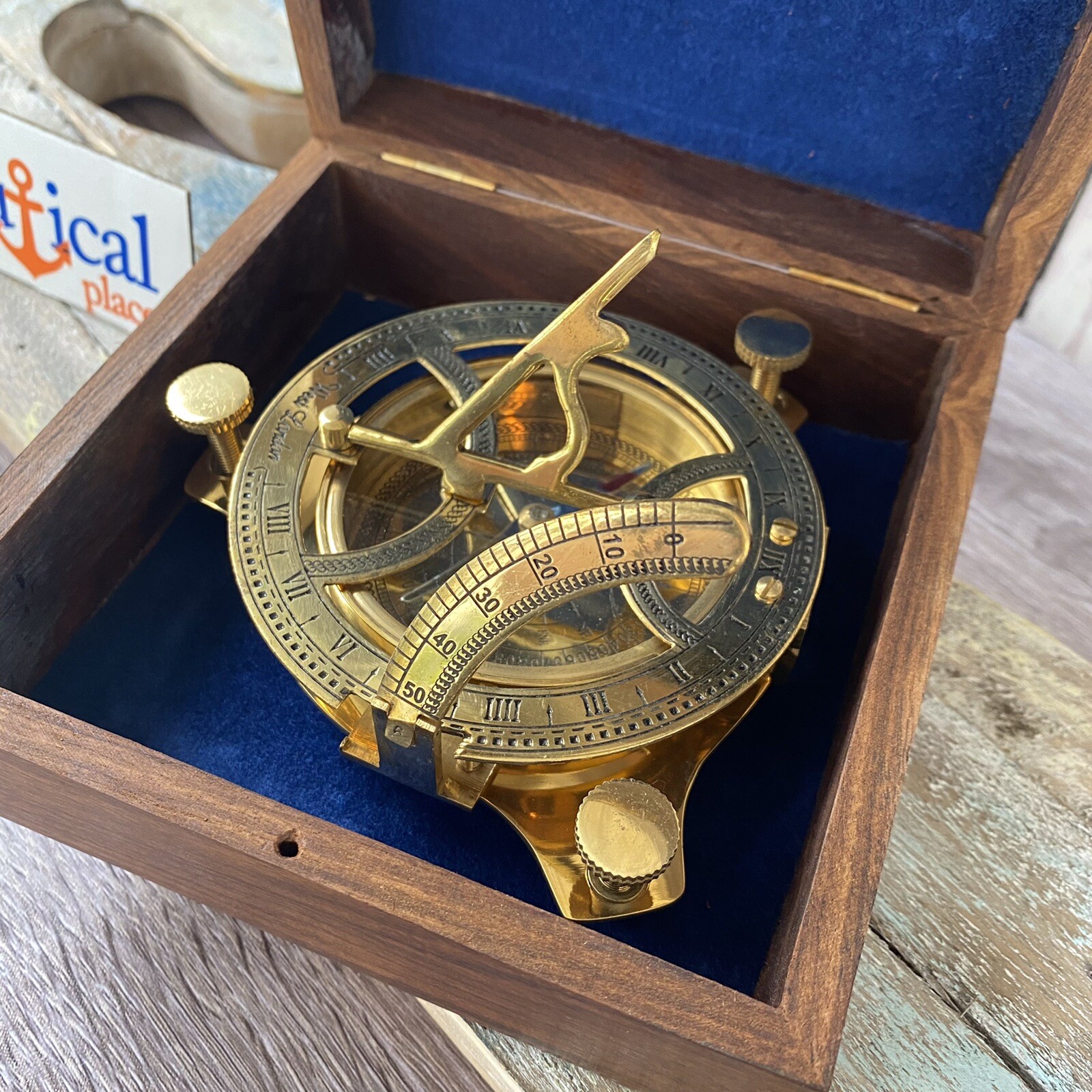 Large 3.75" Brass Sundial Desk Compass w/ Wooden Box - Old Vintage ...