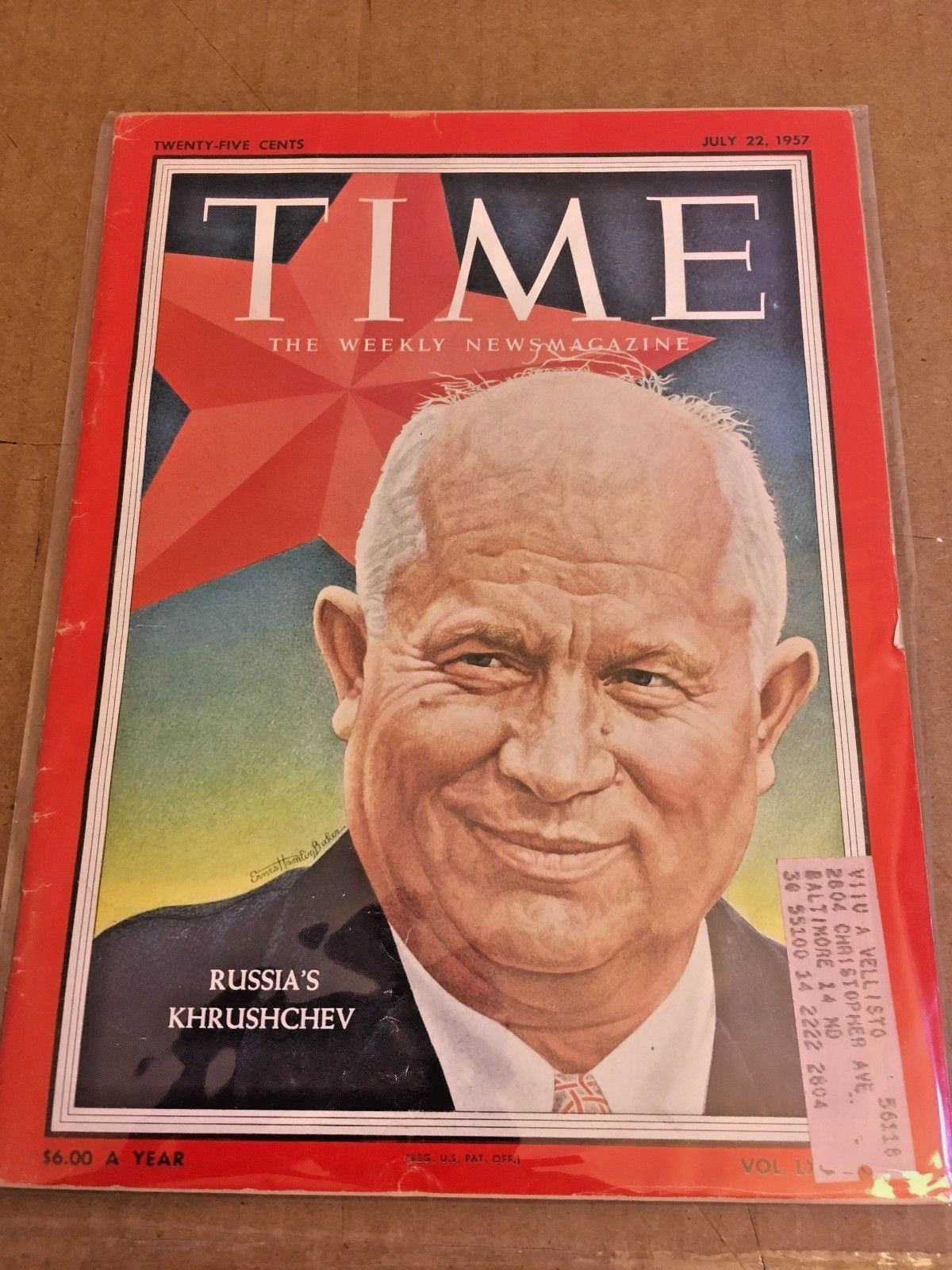 1957 Time Magazine COVER ART Ernest Baker Khrushchev Russia USSR ...