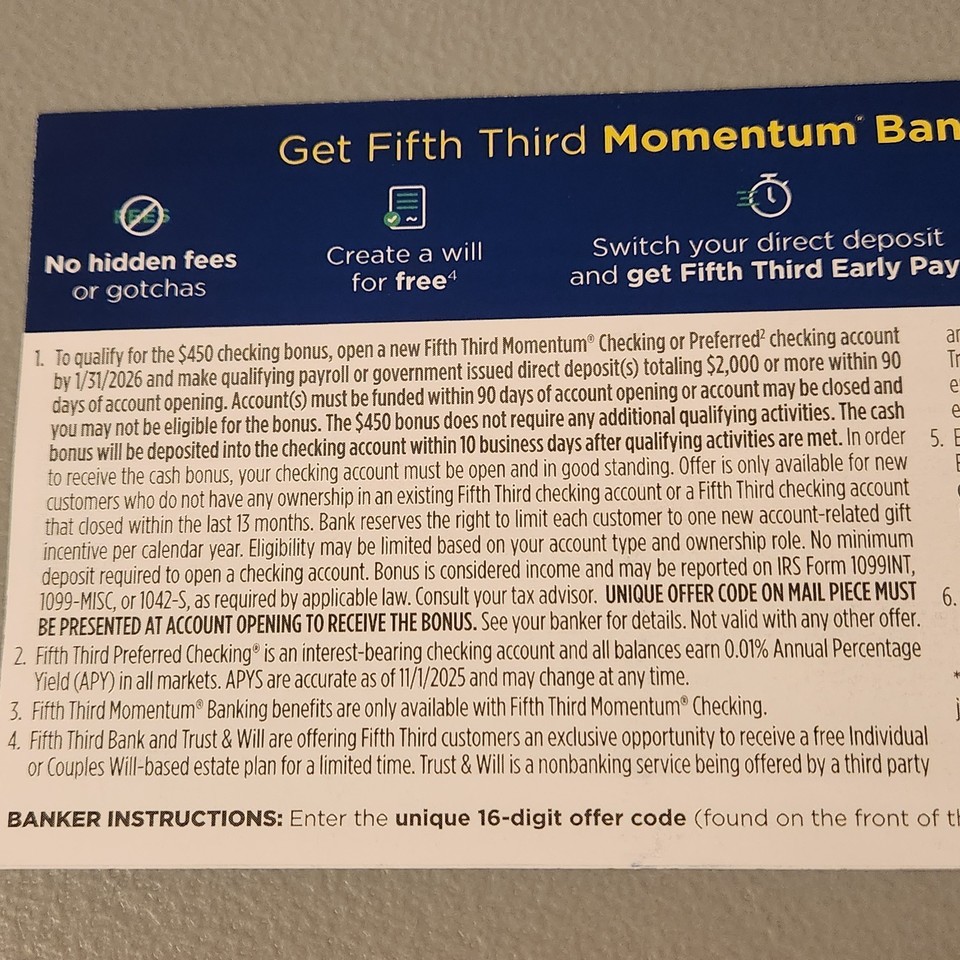 Fifth Third Bank $450 Bonus Exp. 01/31/2026 Checking Account 5/3 Promo ...