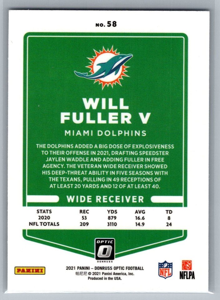 2021 PANINI OPTIC Card # 58 Will Fuller - Miami Dolphins | eBay